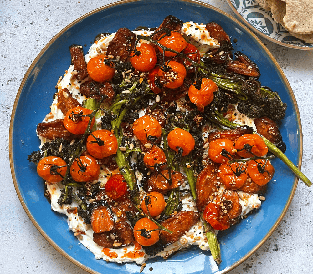 Kefir labneh with jammy tomatoes, carrots, and za’atar by Laura Tilt