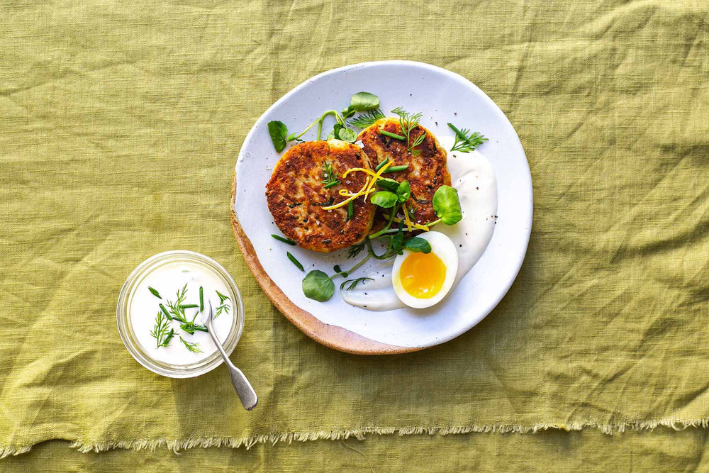 Cheese and Chive Potato Cakes with Lemon Yogurt and a Runny Egg - Emma