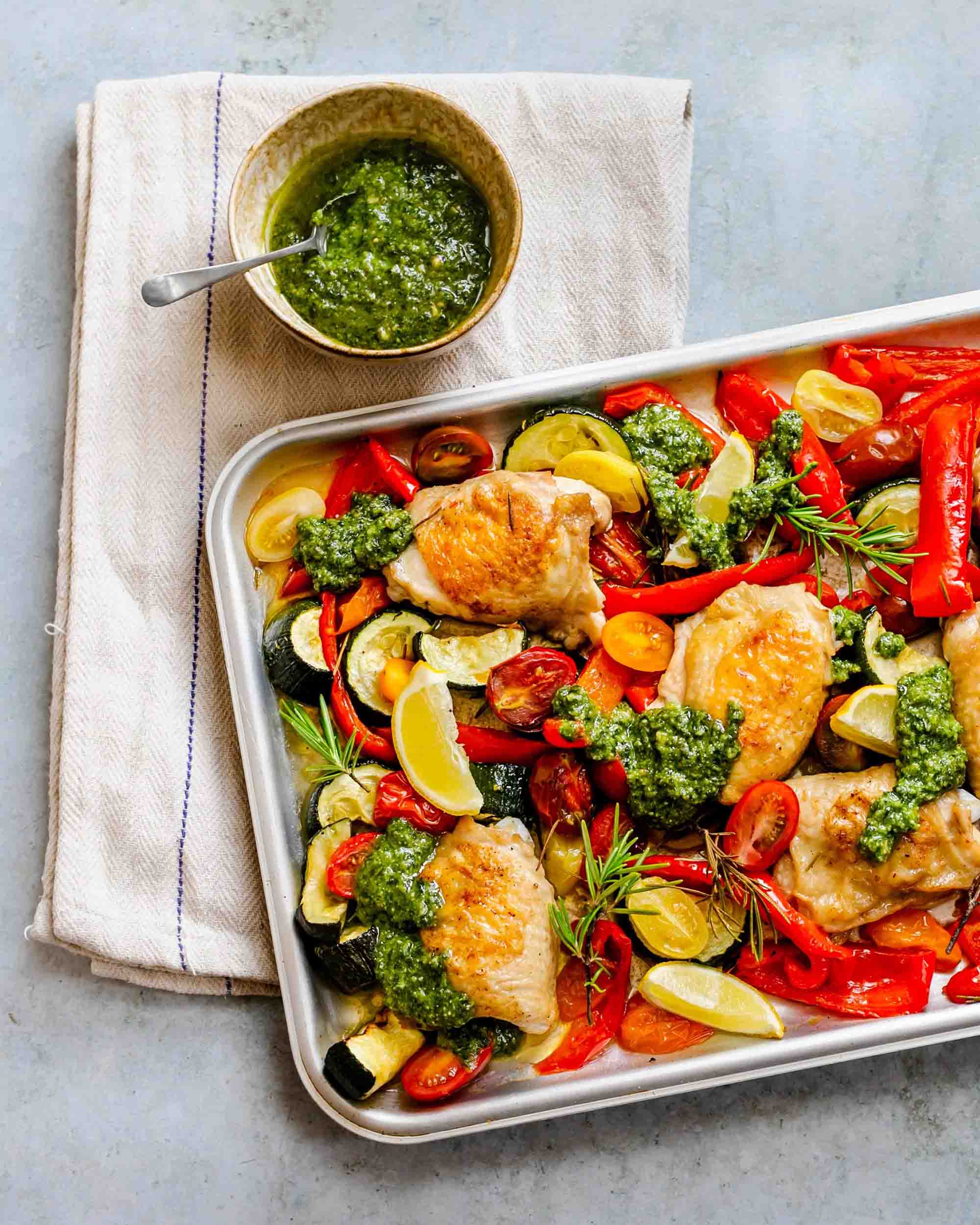 Summer Chicken & Veg Traybake with Basil Pesto
