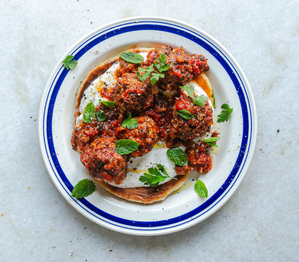 Lamb and Lentil Meatballs with Feta Yogurt and Flatbreads by Emma Hatc